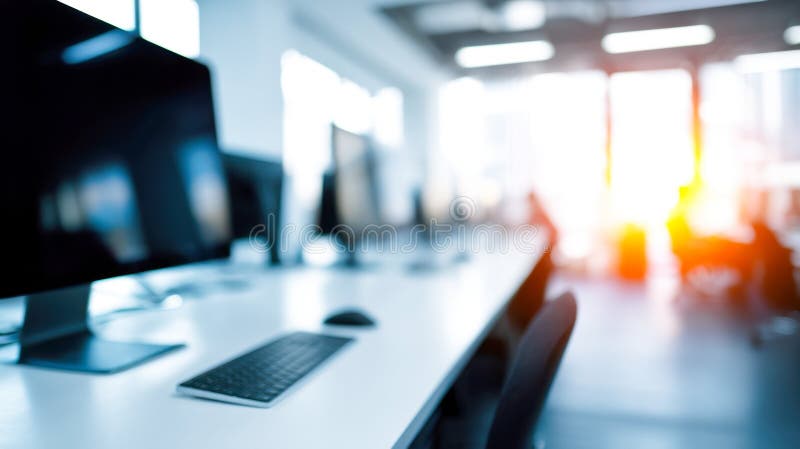 Office Workspace with Computers and Natural Light during Evening Hours ...
