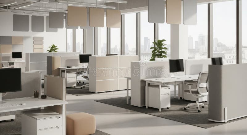 Modern Office Space with Cubicles and City View Stock Illustration ...