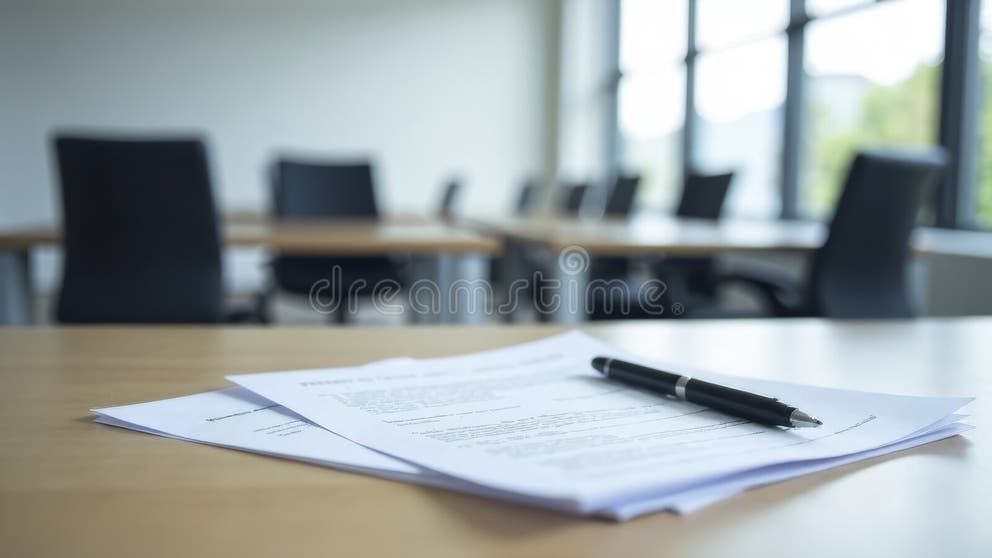 Office Workspace with Documents and Pen on Table Showcasing a ...