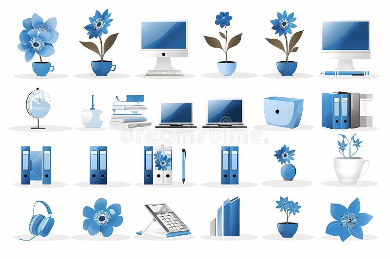 Office Workspace Elements Icons Set in Simple Vector Illustration with ...