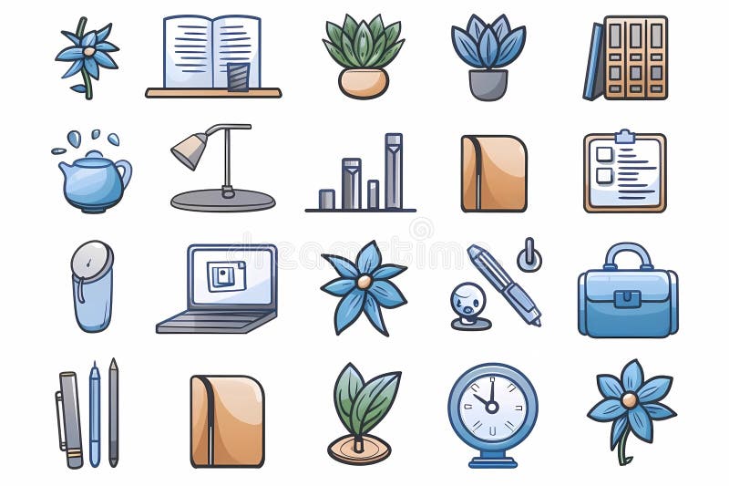 Office Workspace Elements Icons Set in Simple Vector Illustration with ...
