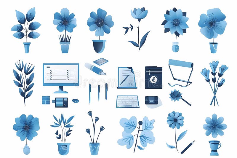Office Workspace Elements Icons Set in Simple Vector Illustration with ...