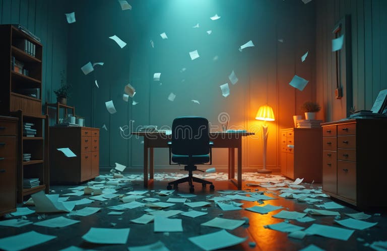 Office Workspace with Empty Chair, Papers Scattered on Floor. Chaotic ...