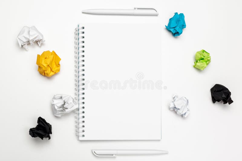 Office Workspace with an Empty Notebook, Crumpled Paper Stock Photo ...