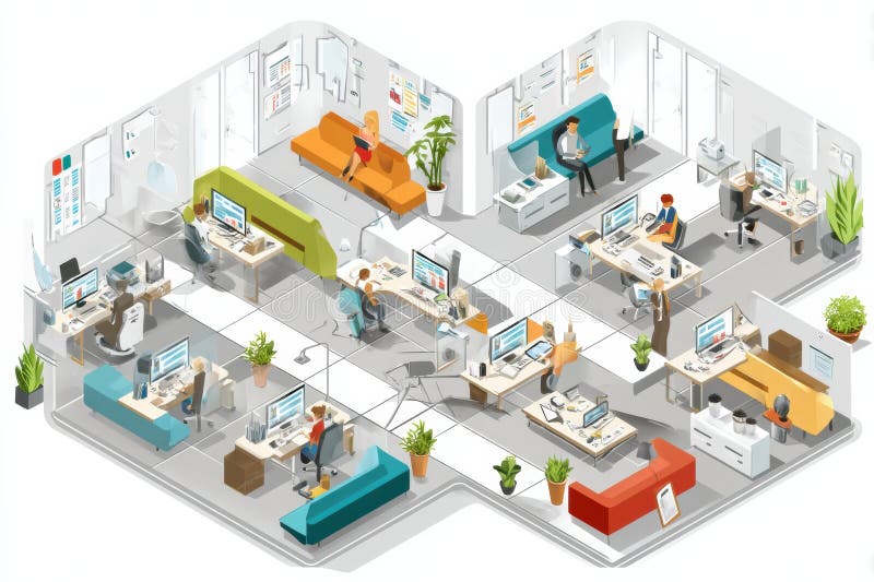 Office Workspace Featuring Employees Engaged in Various Tasks Across ...