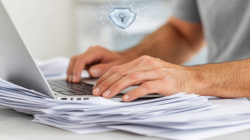 Office Workspace Featuring Hands Organizing Paper Documents with a ...