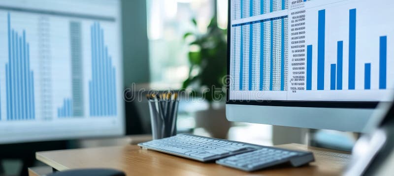 Office Workspace with Financial Data Analysis, Software Tools, and Research Solutions Stock ...