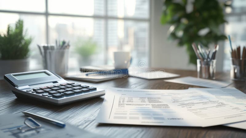 Office Workspace with Financial Documents and Calculator during Daytime ...