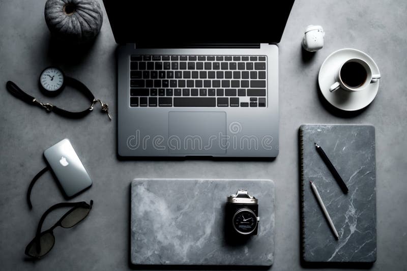 Office Workspace Flat Lay with Laptop on Grey Stone Background ...