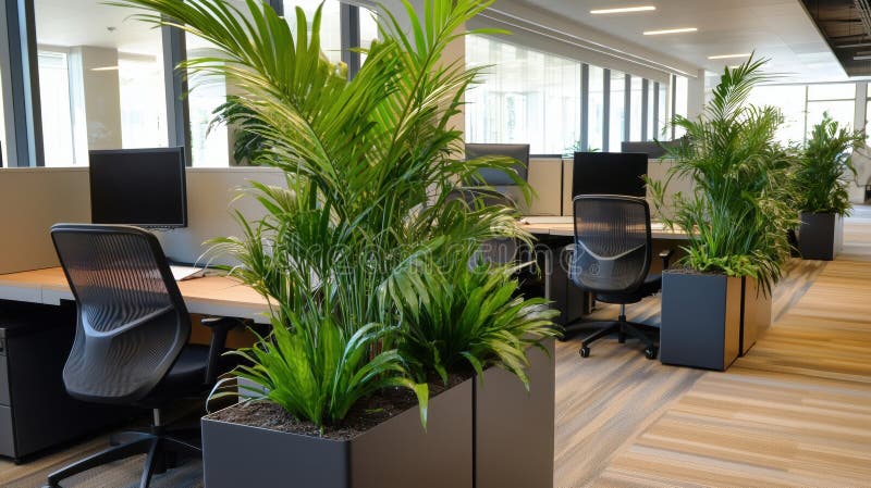 Office Workspace with Greenery, Modern Design, Plants in Planters ...
