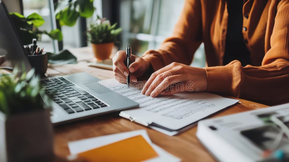 Office Workspace with Hands Busy Writing on a Document Stock ...