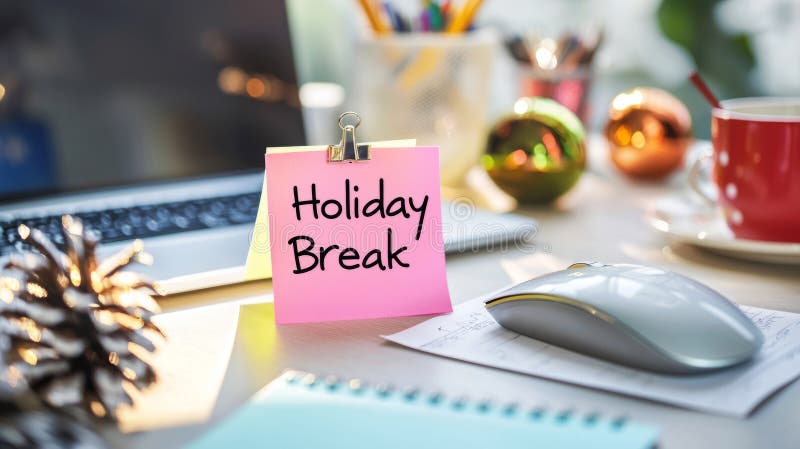 Office Workspace with a Handwritten Holiday Break Note on a Pastel ...