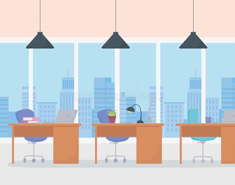 Office Workspace Interior Desks Lamps Chairs Books and Big Windows ...