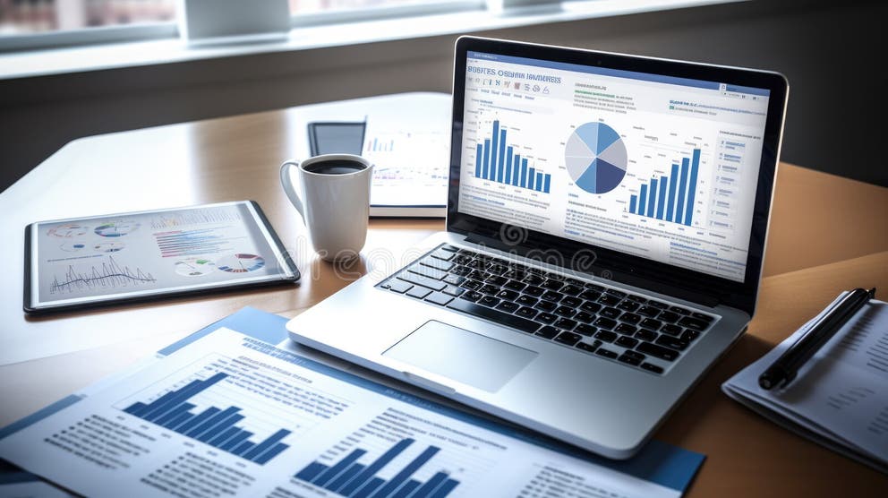 Office Workspace with a Laptop Displaying Graphs on the Screen ...