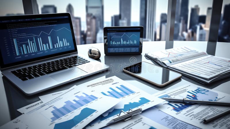 Office Workspace with a Laptop Displaying Graphs on the Screen ...