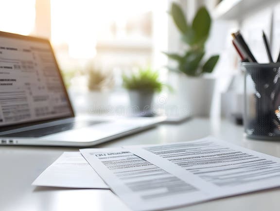 Office Workspace with Laptop and Documents on Desk Stock Photo - Image ...