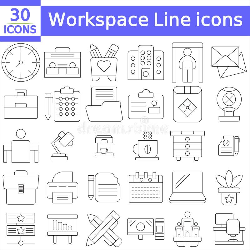 Office Workspace Line Icon Set. Containing Workplace, Desk, Coworking ...