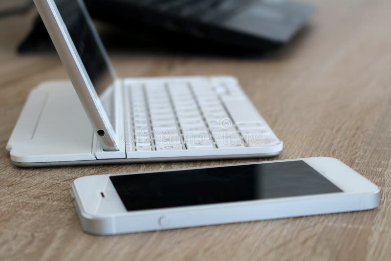 Office Workspace with Mobile Phone and Tablet Stock Image - Image of ...