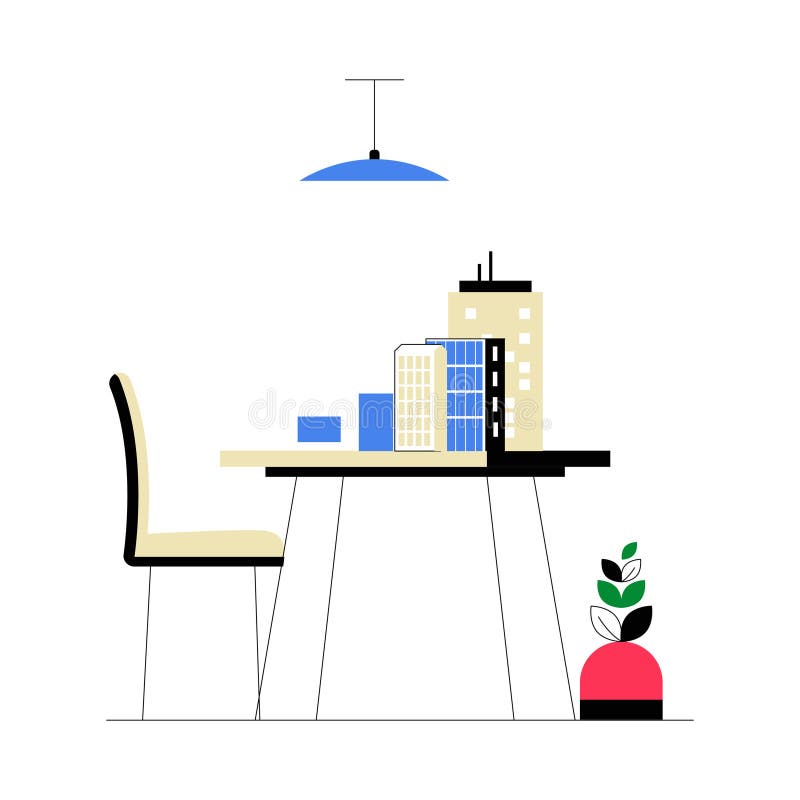 Office Workspace with Model Buildings in Flat Vector Illustration ...