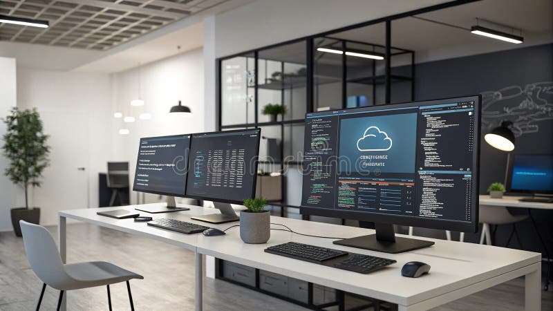 Office Workspace Monitors Computers Desk Coding Programming Software Technology Workplace ...