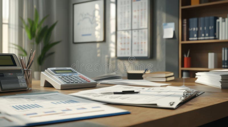Office Workspace with Organizational Tools and Financial Documents ...