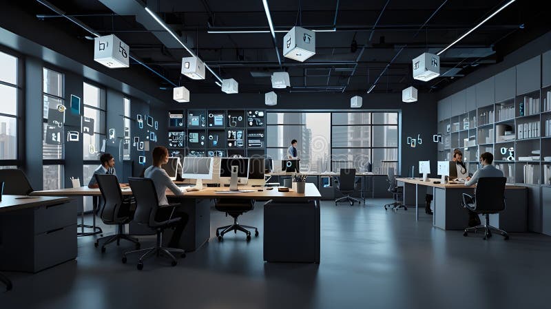 Office Workspace with People at Computers Stock Illustration ...