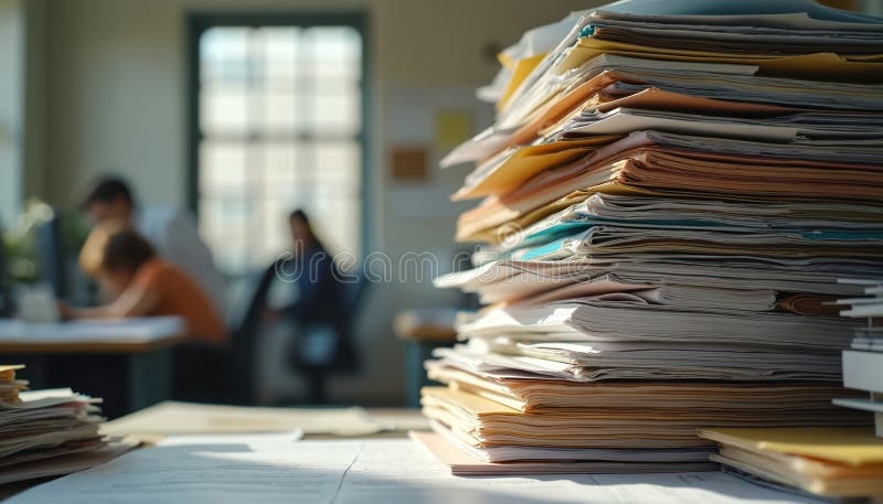 Office Workspace with Piles of Paper Documents. Documents Files with ...