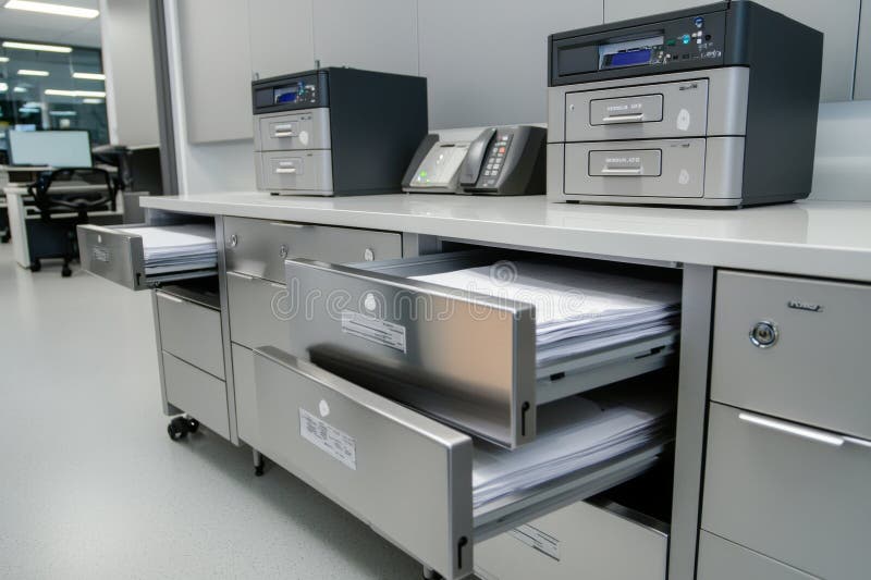 Office Workspace with Printers and File Drawers Creating an Organized ...