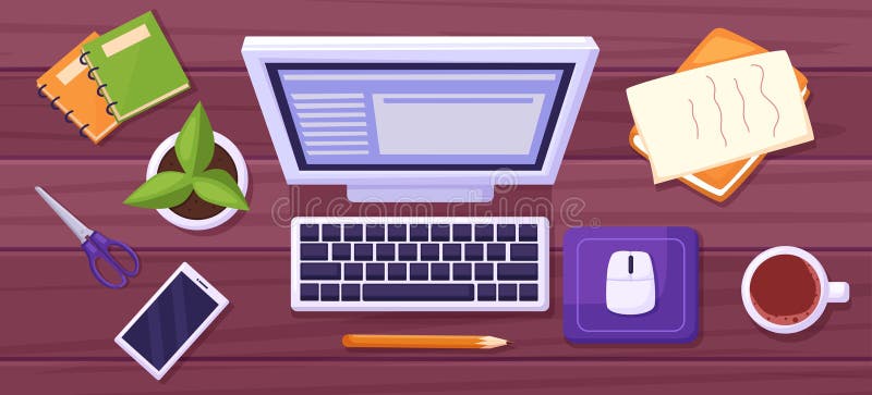 Office Workspace Top View. Smartphone, Computer Monitor and Keyboard on ...