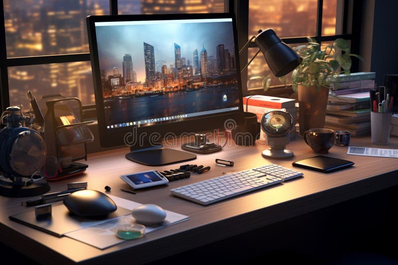 Office Workstation with a Desktop Computer and Stock Illustration ...
