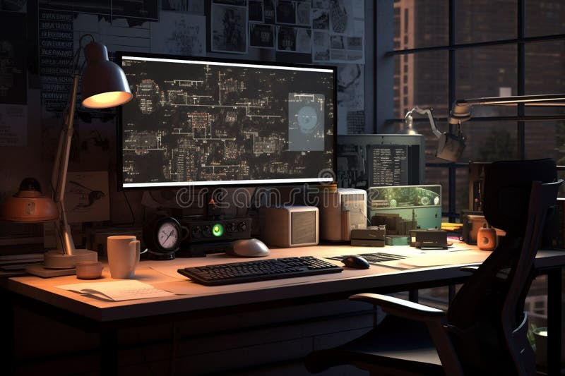 Office Workstation with a Desktop Computer and Stock Illustration ...