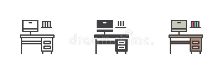 Office Workstation Icon Set in Line, Solid and Filled Outline Style ...