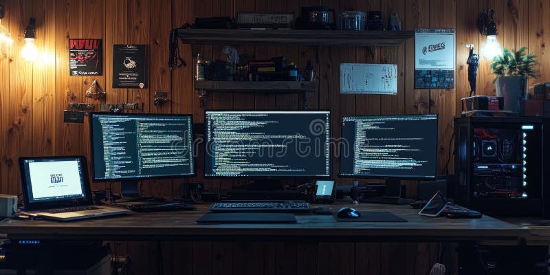 Office Workstation with Multiple Screens Stock Image - Image of ...