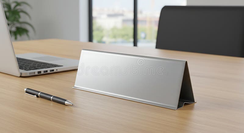 Office Workstation Showcasing Nameplate Alongside Laptop and Pen for ...