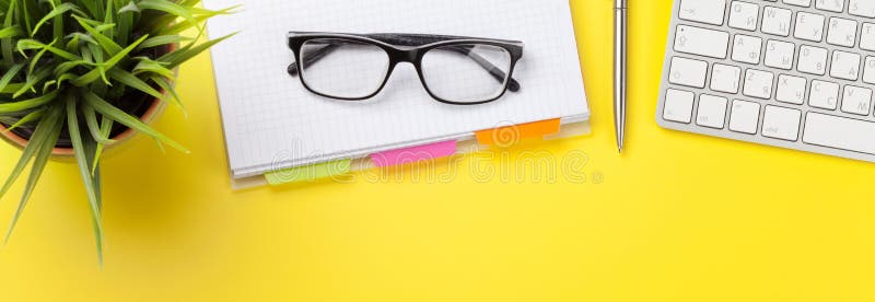 Office Yellow Backdrop with Supplies and Computer Stock Photo - Image ...