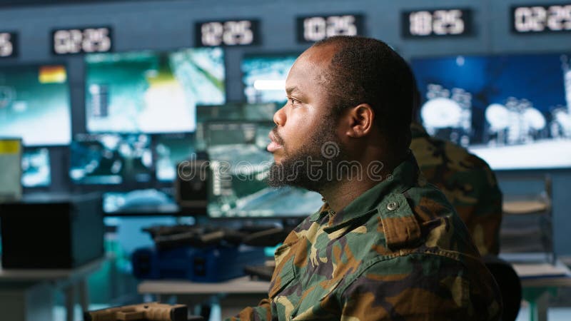 Officer Doing Tasks in Military Base, Analyzing Moves Stock Image ...