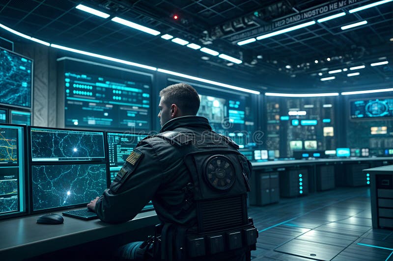 High-tech Security Operations Center with a Focused Officer Monitoring ...