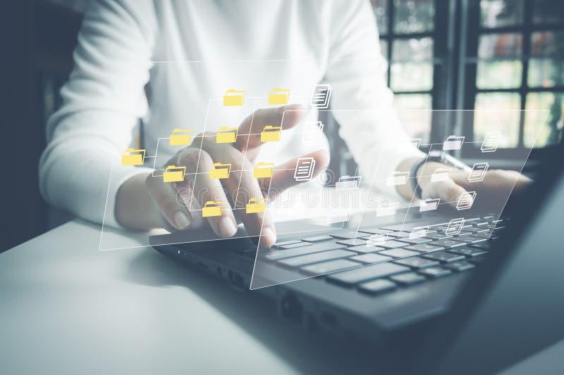 Officer Using Laptop Manage Files, Document Management System DMS ...