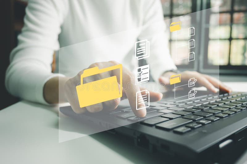 Officer Using Laptop Manage Files, Document Management System (DMS ...