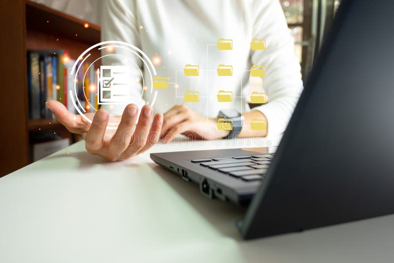 Officer Using Laptop Manage Files, Document Management System DMS ...