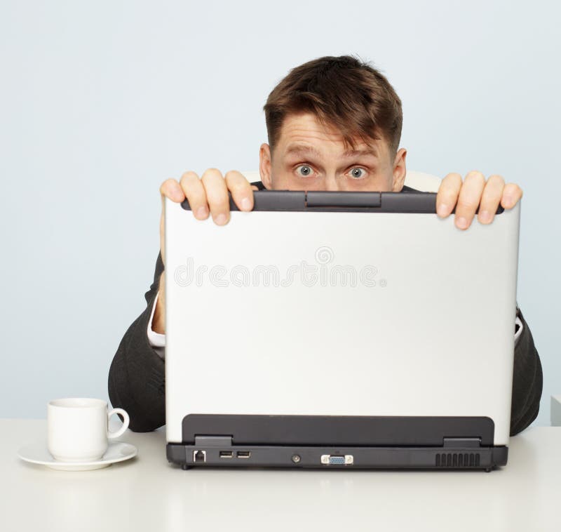 Frightened People Hiding Behind Computer Screen Stock Image - Image of ...