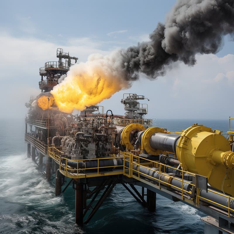 Offshore Construction Platform for Production Oil and Gas in Fire, Oil ...