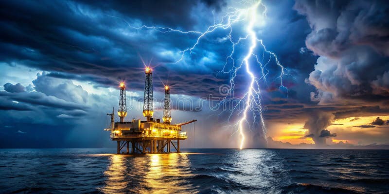 Offshore Drilling Platform during a Lightning Storm the Strikes ...