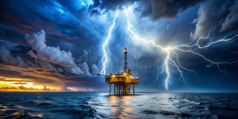 Offshore Drilling Platform during a Lightning Storm the Strikes ...