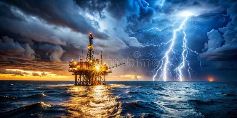Offshore Drilling Platform during a Lightning Storm the Strikes ...