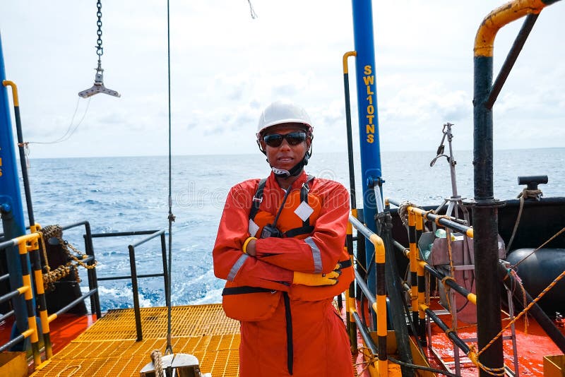 Offshore Engineer, Standing on the Deck of an Industrial Ship Stock ...