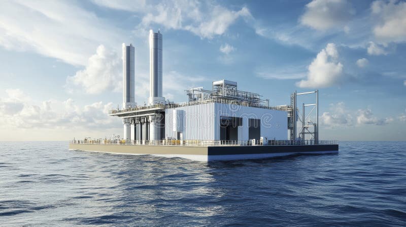 Offshore Floating Platform in Calm Ocean Under Partly Cloudy Sky Stock ...