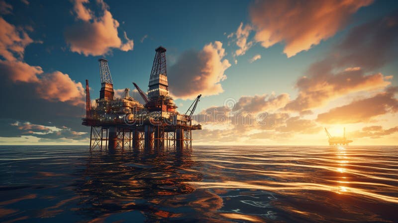 Offshore Jack Up Rig in the Middle of the Sea at Sunset. Generative Ai ...