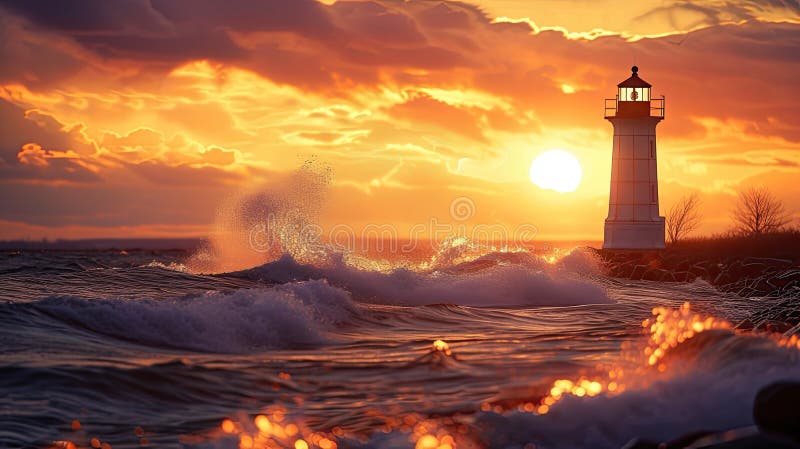An Offshore Lighthouse Standing Tall Amidst Crashing Waves, Its Sturdy ...