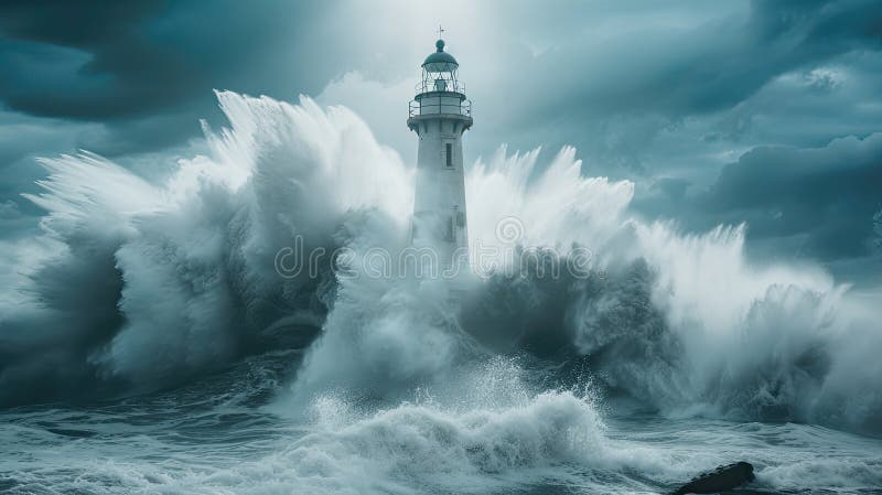 An Offshore Lighthouse Standing Tall Amidst Crashing Waves, Its Sturdy ...